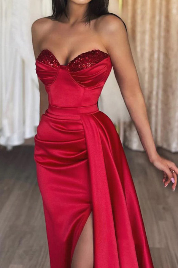 Dark Red Strapless High Slit Sweetheart Evening Dress | Starlish