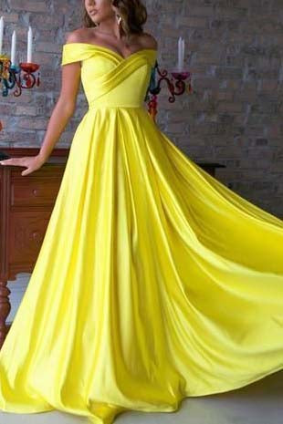 Chic Simple Yellow Open Back Off Shoulder Long Prom Gown | Starlish